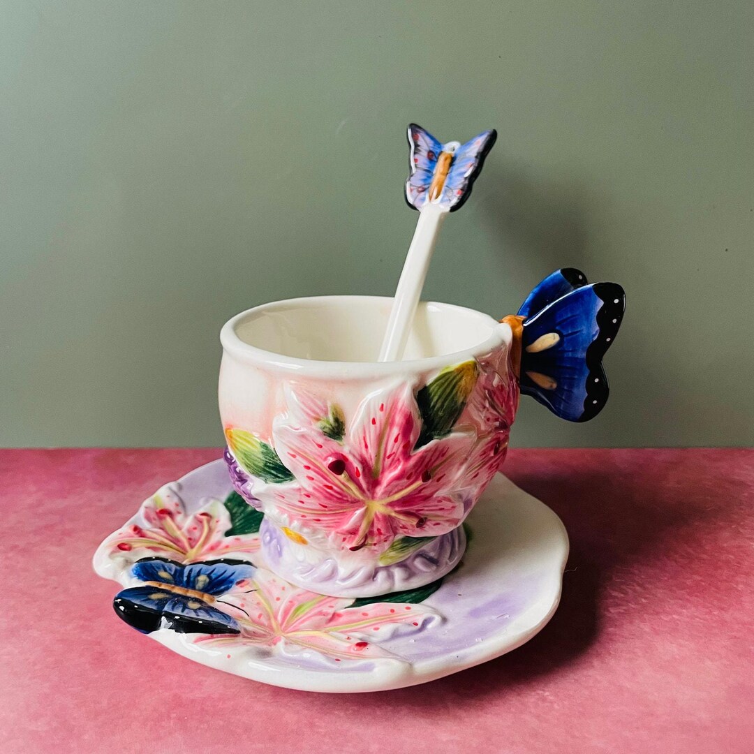 Corner Ruby Butterfly Lily Teacup, Saucer and Spoon - Etsy