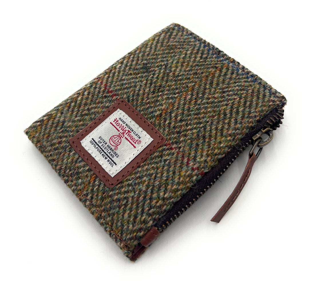 Women's Harris Tweed Green Herringbone Medium Sized Leather Bifold ...