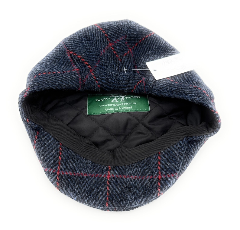 Men's Harris Tweed Flat Cap Navy Herringbone Red Overcheck Made in ...