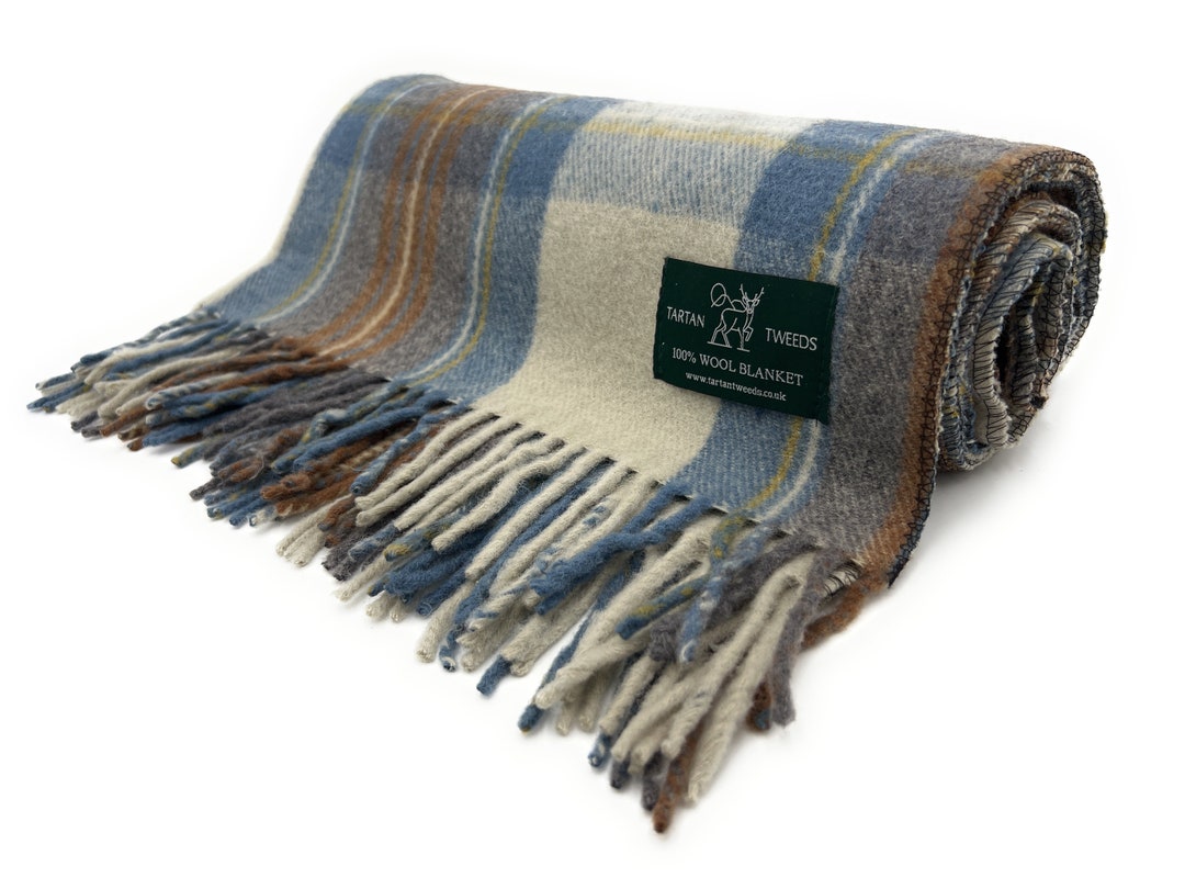 Stewart Muted Blue 100% New Wool Knee Blanket Quality Rug 172cm X 78cm ...
