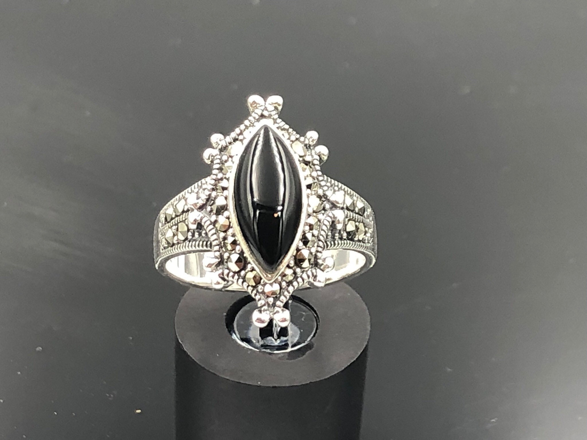 Sterling Silver Marquise Black Onyx Marcasite Ring Statement - Etsy