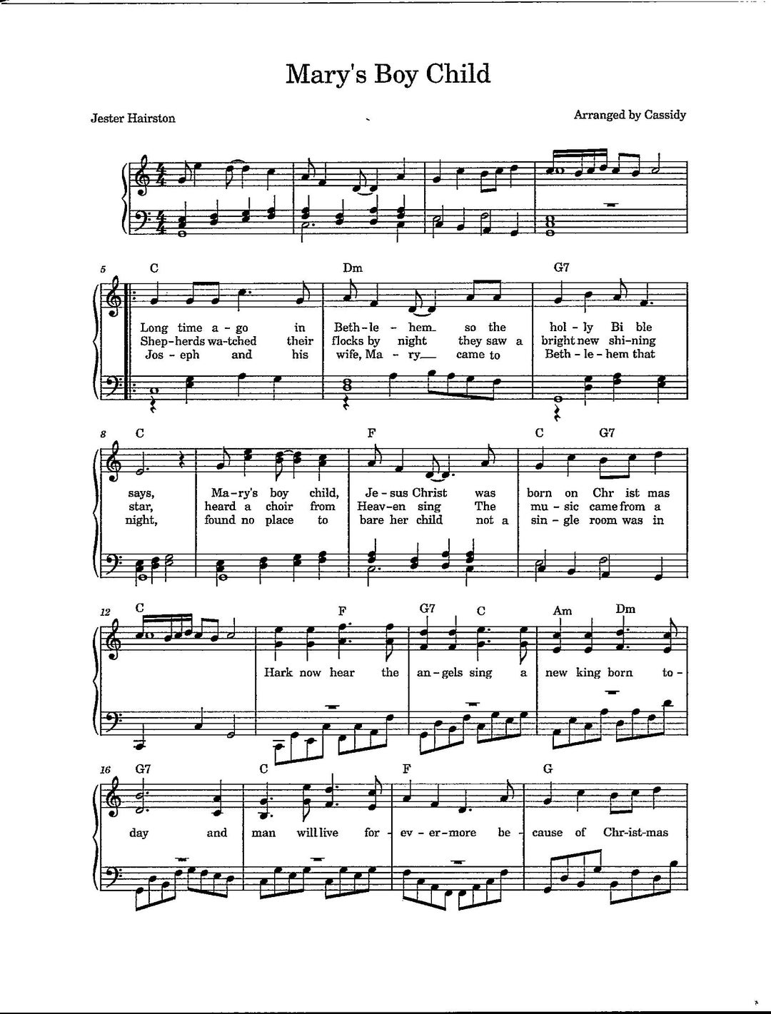 Mary's Boy Child - Printable Hymnal Christmas Arrangement in Key of C ...