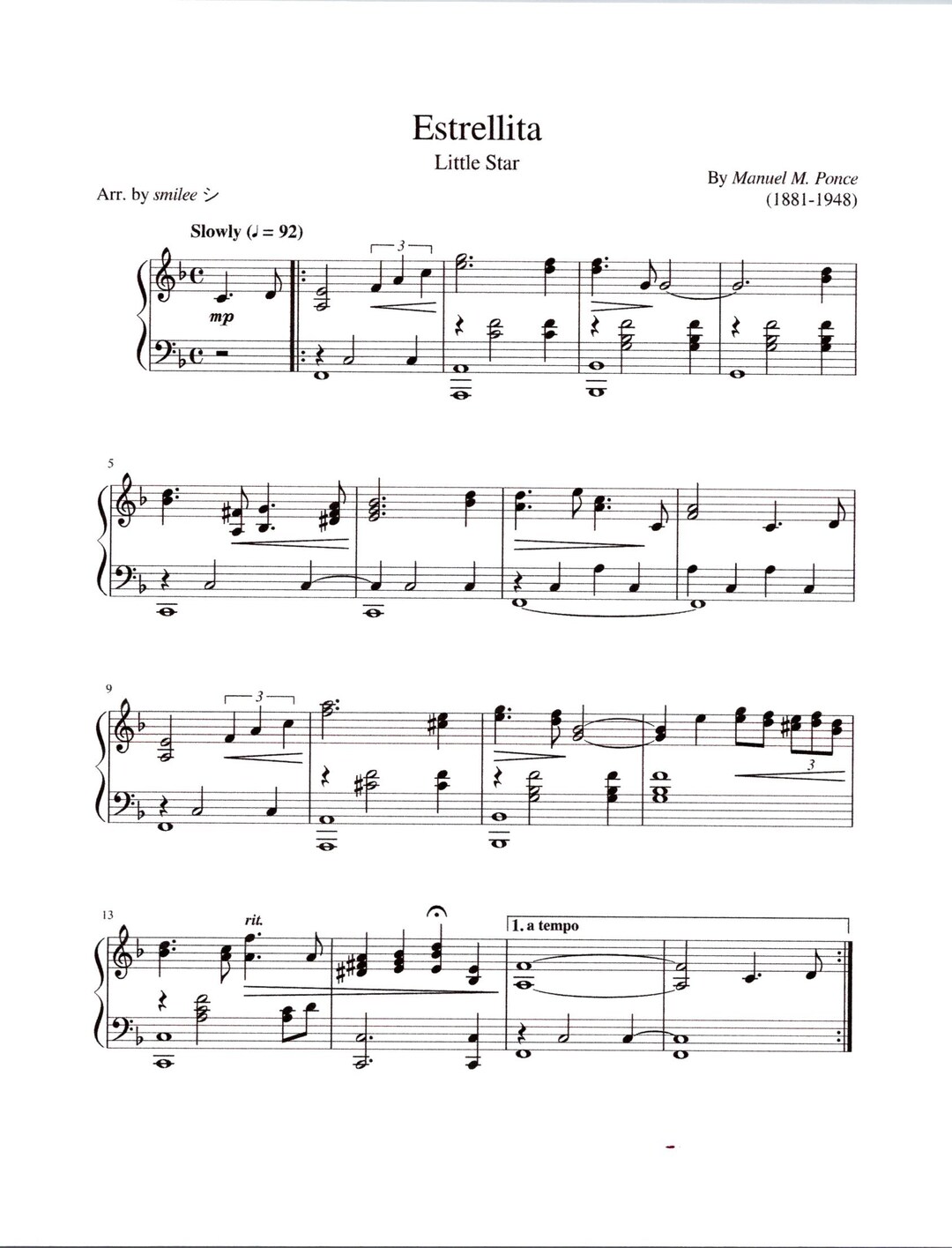 Estrellita by Manuel M. Ponce (little Star) - Digital Piano Solo Sheet ...