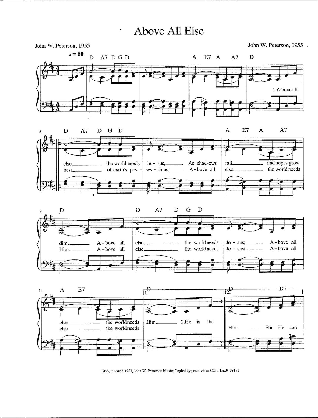 Above All Else - Digital Hymn Tune Sheet Music With Lyrics - Key of D ...