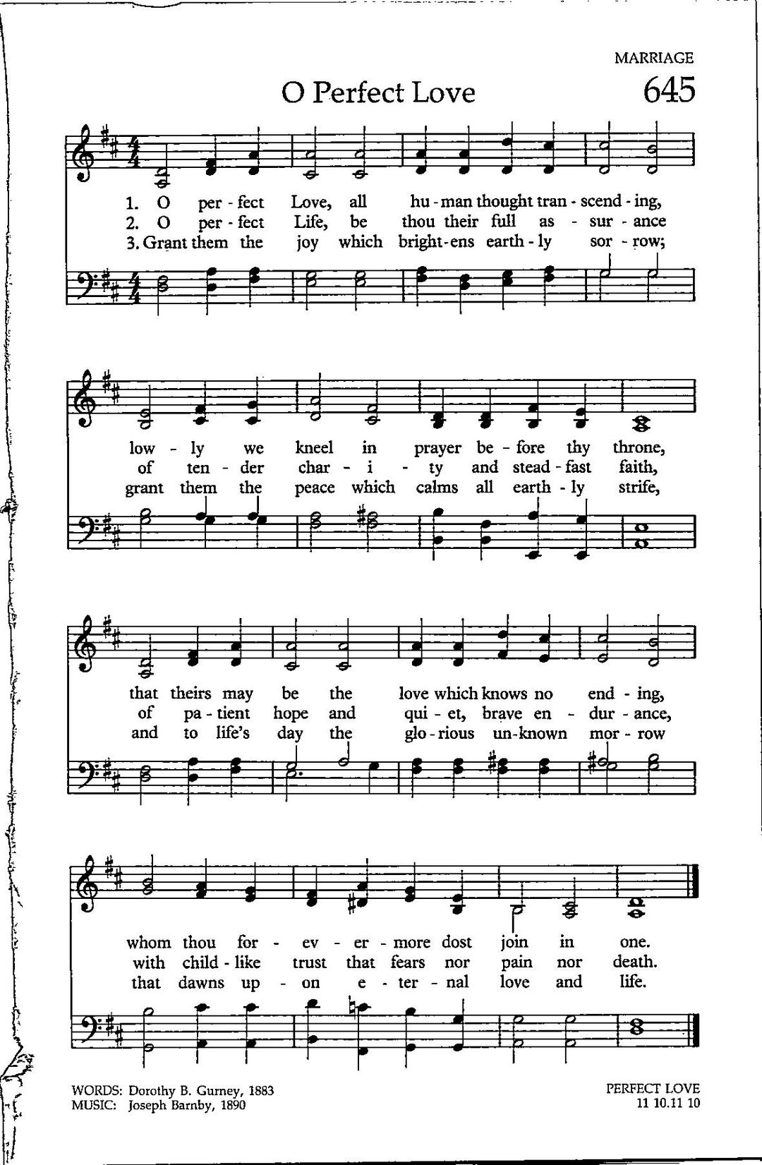 O Perfect Love - Digital Wedding Hymn Tune Sheet Music Key of D - Etsy