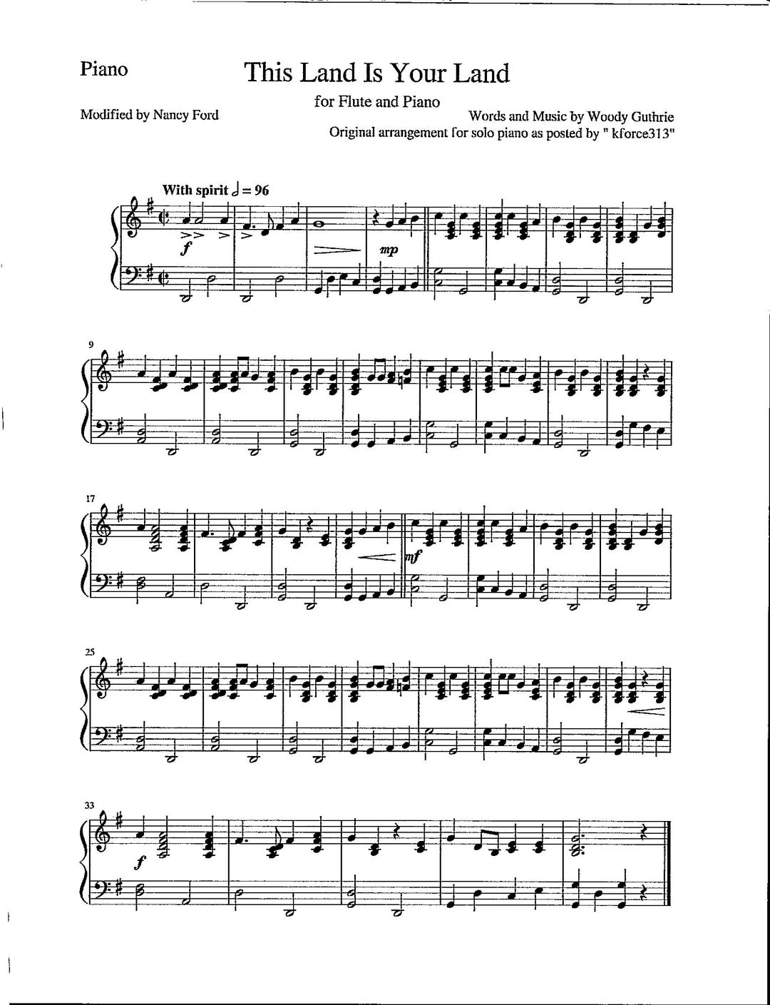 This Land is Your Land - Digital Download Piano Solo - Key of G - Etsy