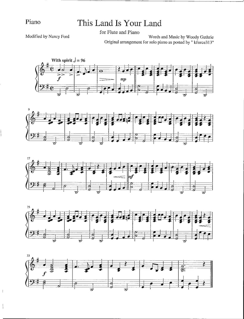 This Land is Your Land - Digital Download Piano Solo - Key of G - Etsy