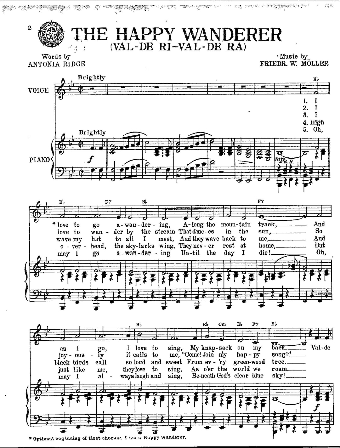 The Happy Wanderer - Digital Sheet Music for Piano Vocal and Guitar Key ...