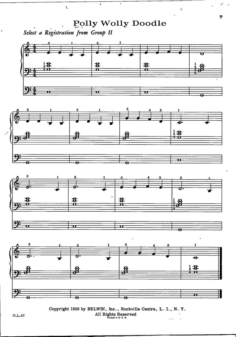 Polly Wolly Doodle Digital Print for Piano or Organ Beginner Level Key ...