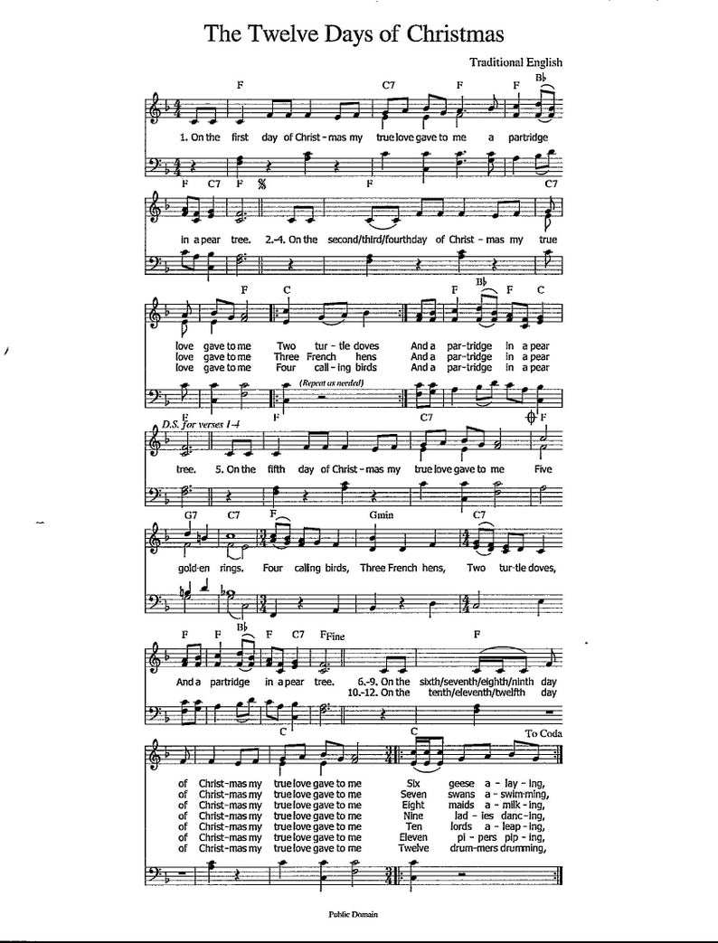 The Twelve Days of Christmas - Digital Printable Christmas Fun Song ...