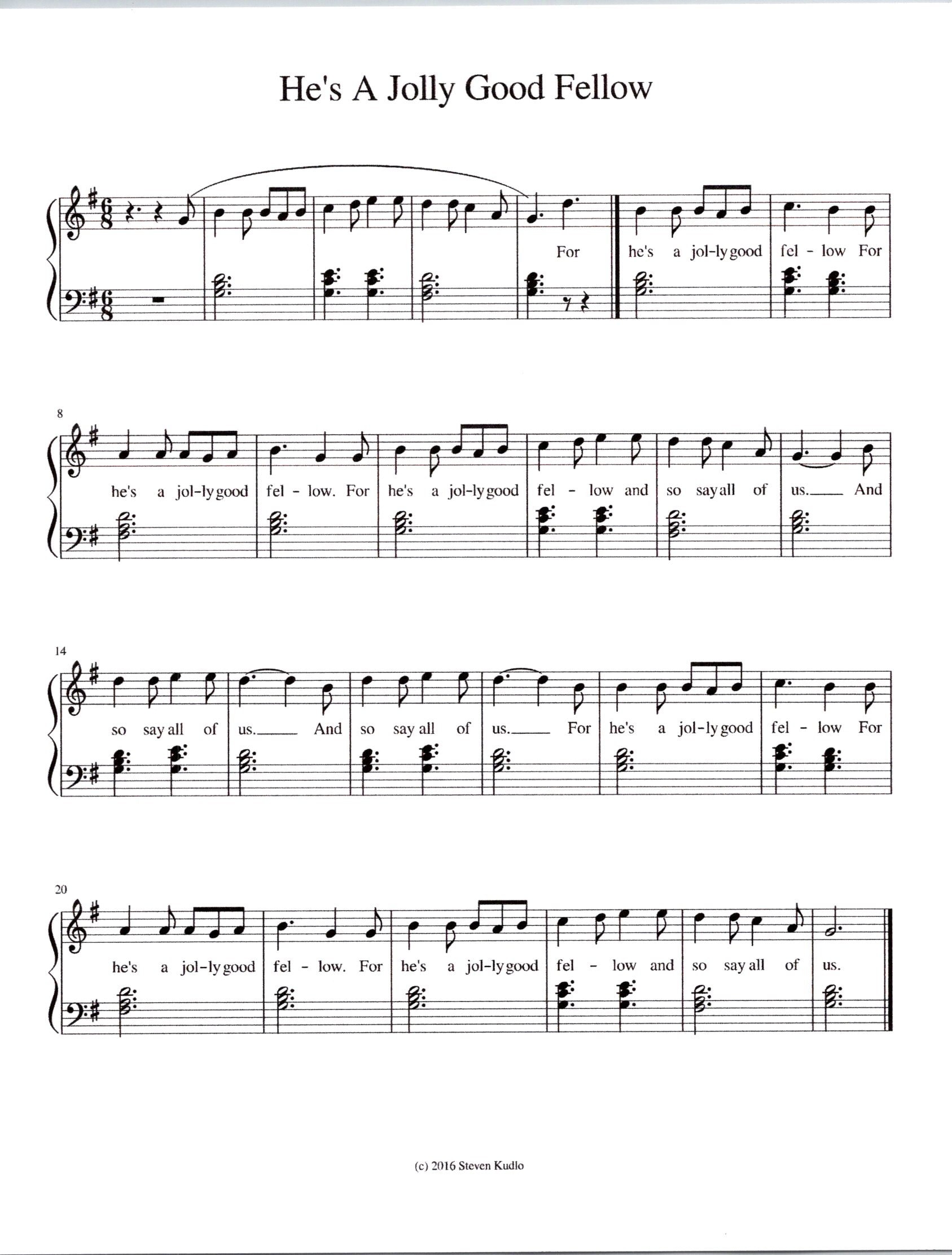 He's A Jolly Good Fellow - Easy Digital Sheet Music Key of G - Etsy