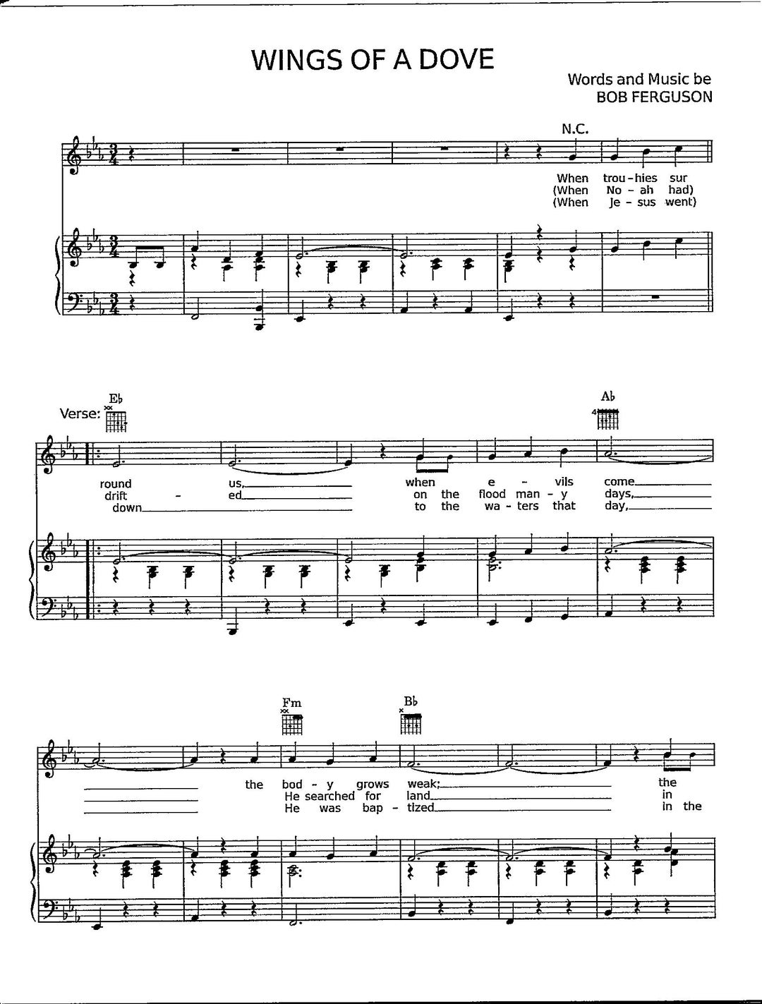 Wings of a Dove - Digital Download Piano and Voice Sheet Music - Key of ...
