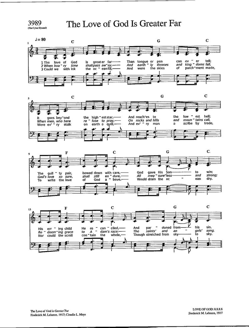 The Love of God is Greater Far - Digital Printable Hymn Tune - Key of C ...
