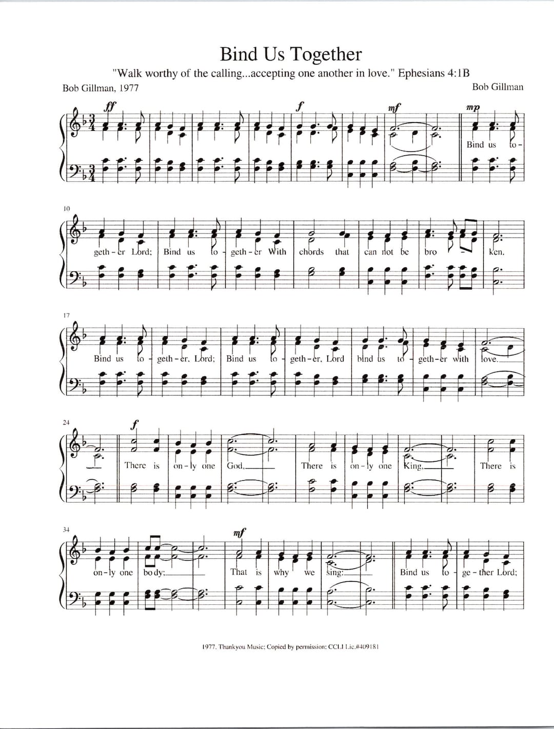 Bind Us Together - Digital Religious Hymn Tune for Piano & Vocal - Key ...