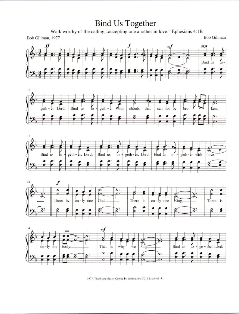 Bind Us Together - Digital Religious Hymn Tune for Piano & Vocal - Key ...