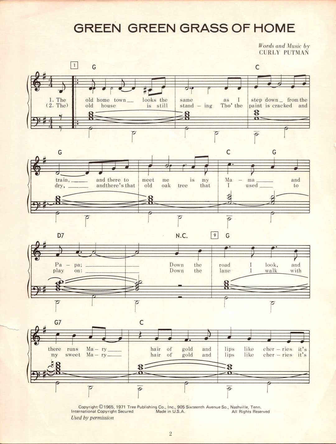 Green Green Grass of Home - Digital Sheet Music Key of G for Piano ...