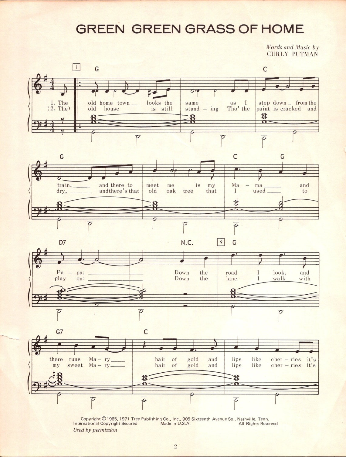 Green Green Grass of Home - Digital Sheet Music Key of G for Piano ...