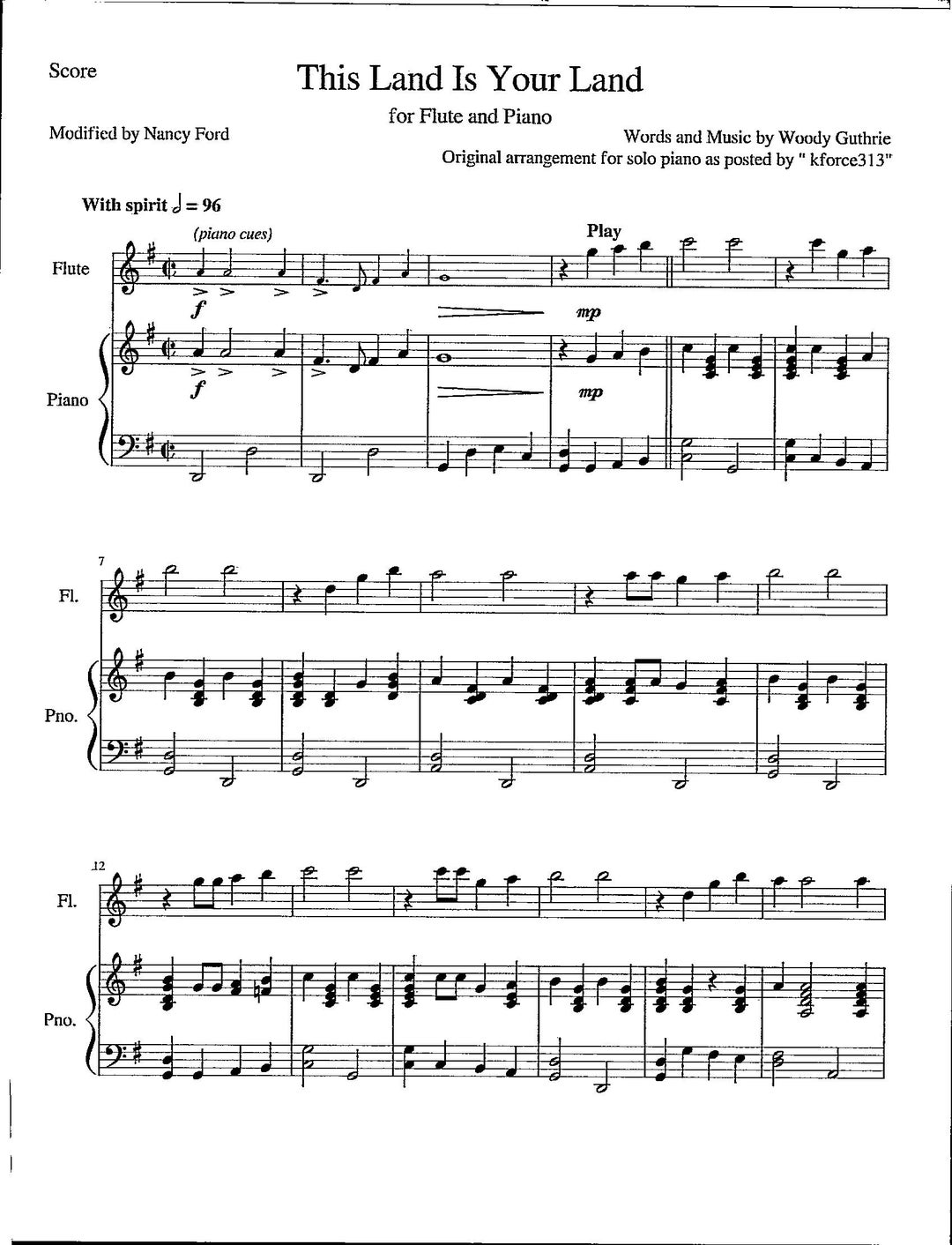 Flute and Piano - This Land is Your Land - Digital Download Patriotic ...