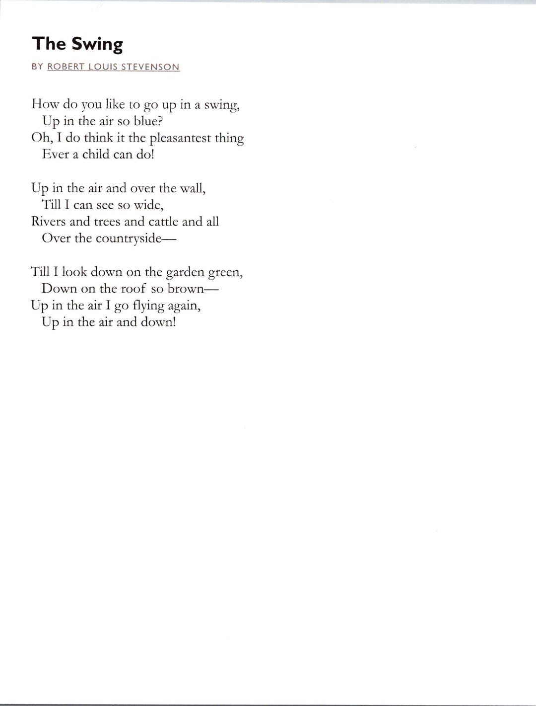 Poem - the Swing by Robert Louis Stevenson - Digital Printable - Etsy