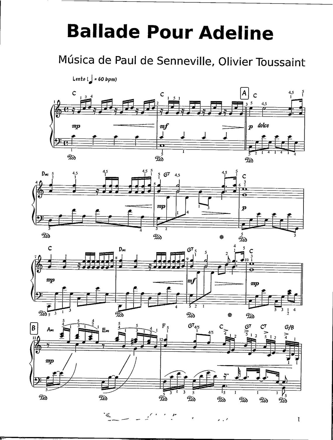 Ballade Pour Adeline - Digital Download Piano Solo Sheet Music - Key of ...