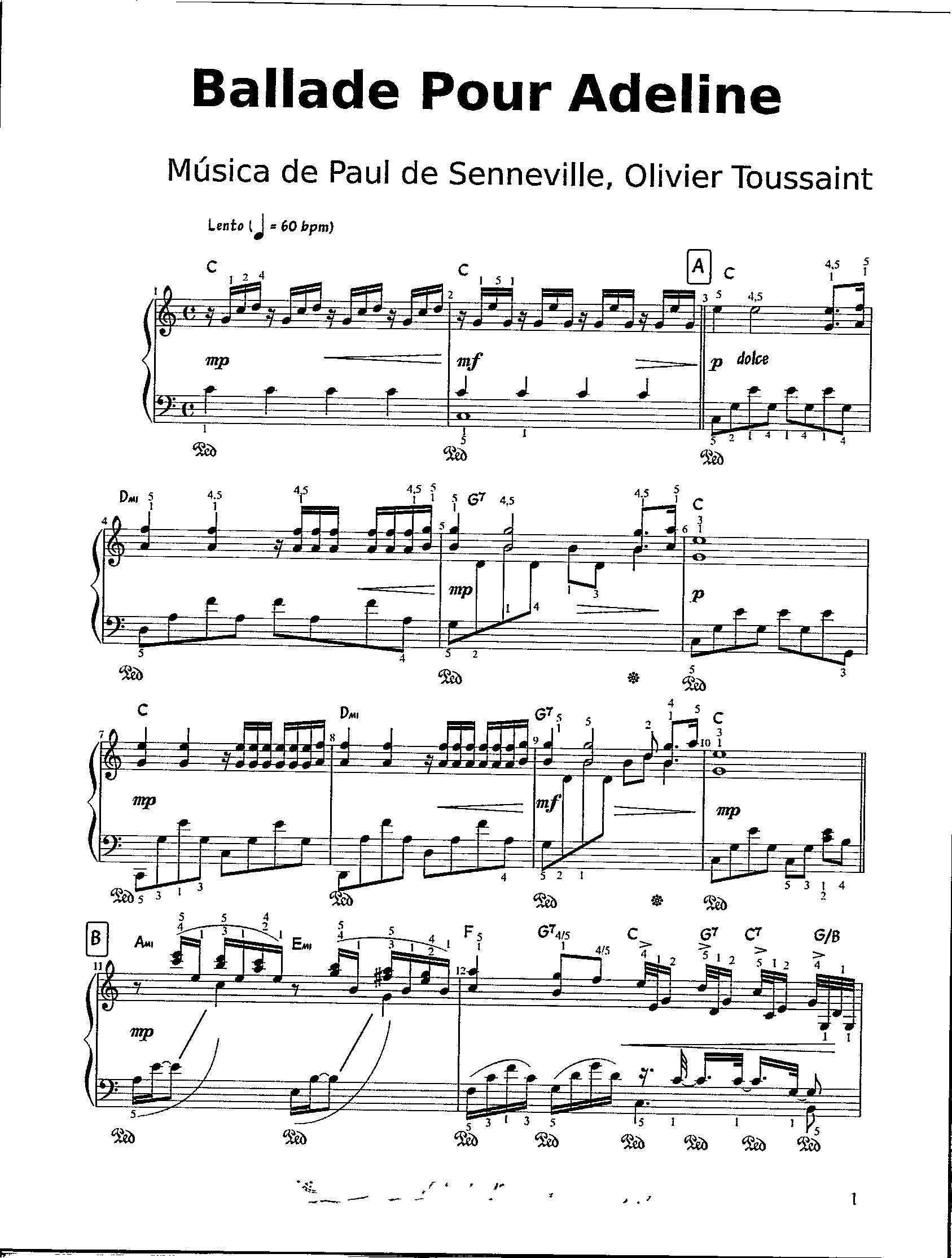 Ballade Pour Adeline - Digital Download Piano Solo Sheet Music - Key of ...