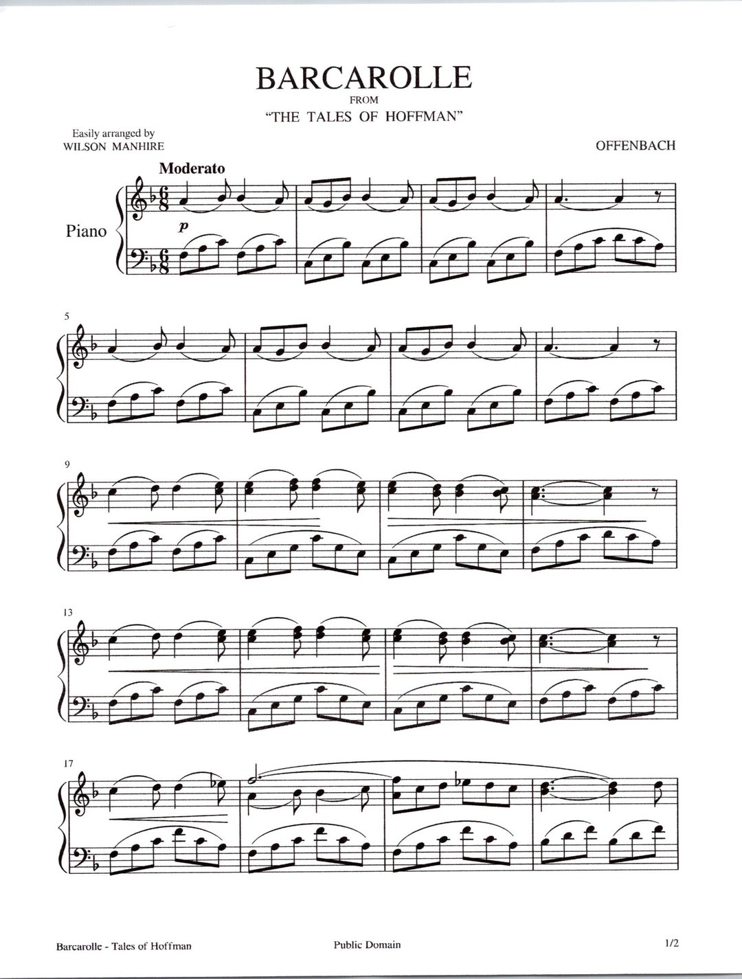 Barcarolle From the Tales of Hoffman by Offenbach - Digital Piano Solo ...