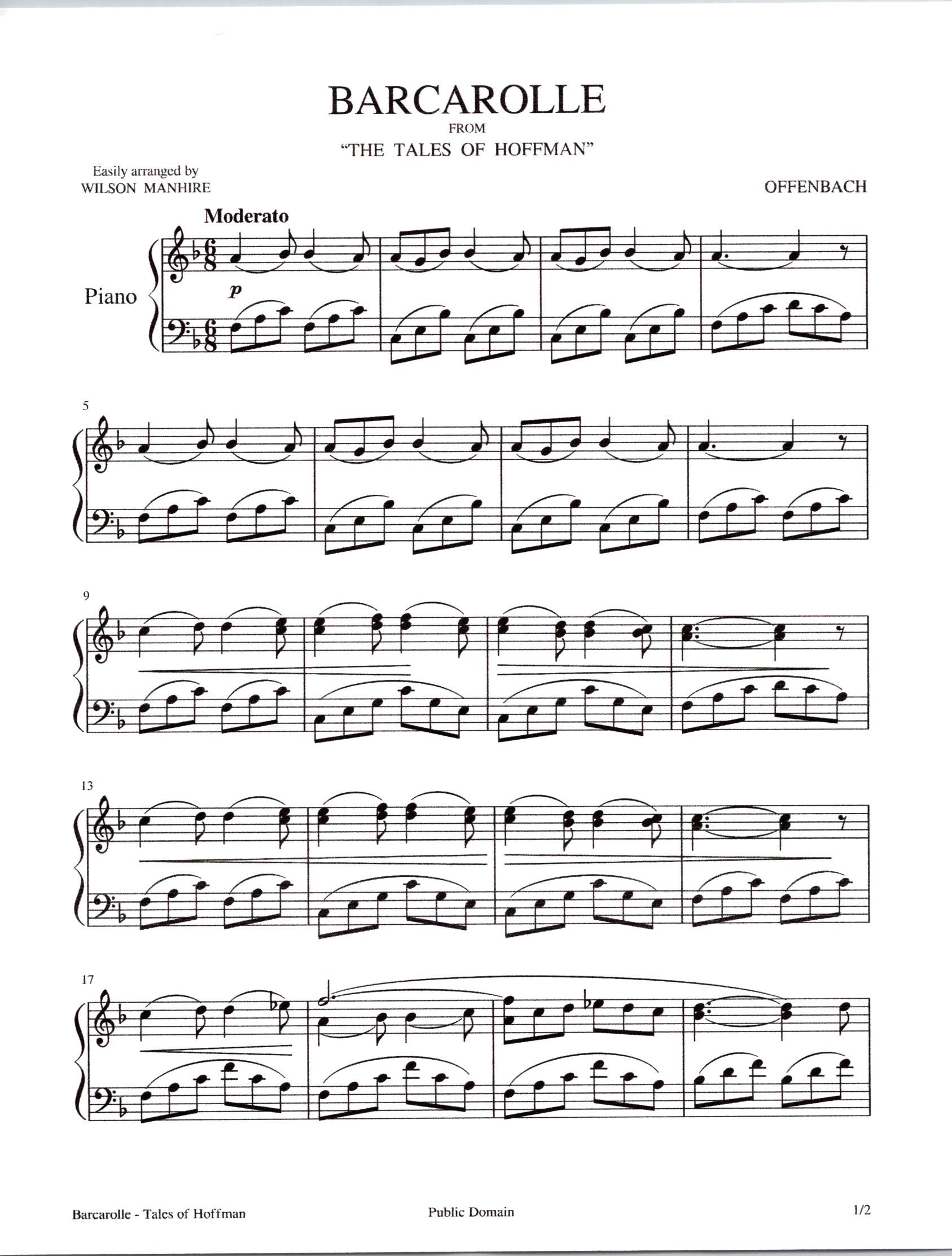 Barcarolle From the Tales of Hoffman by Offenbach - Digital Piano Solo ...