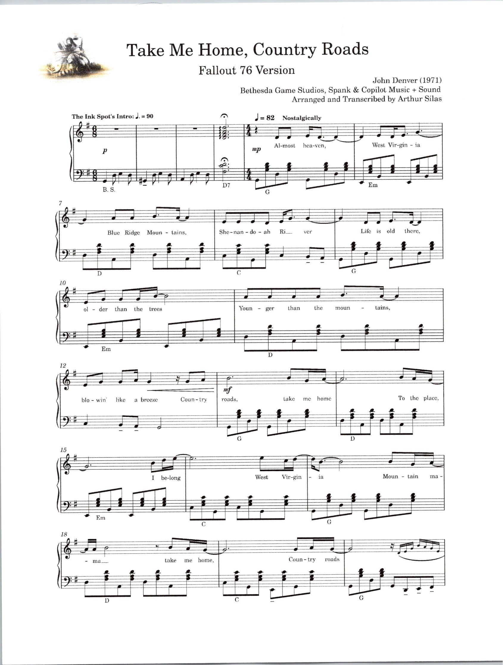 Take Me Home Country Roads - Digital Sheet Music for Piano Lyrics ...