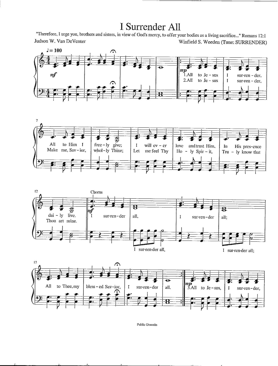 I Surrender All - Digital Hymn Tune for Piano With Lyrics - Key of C - Etsy