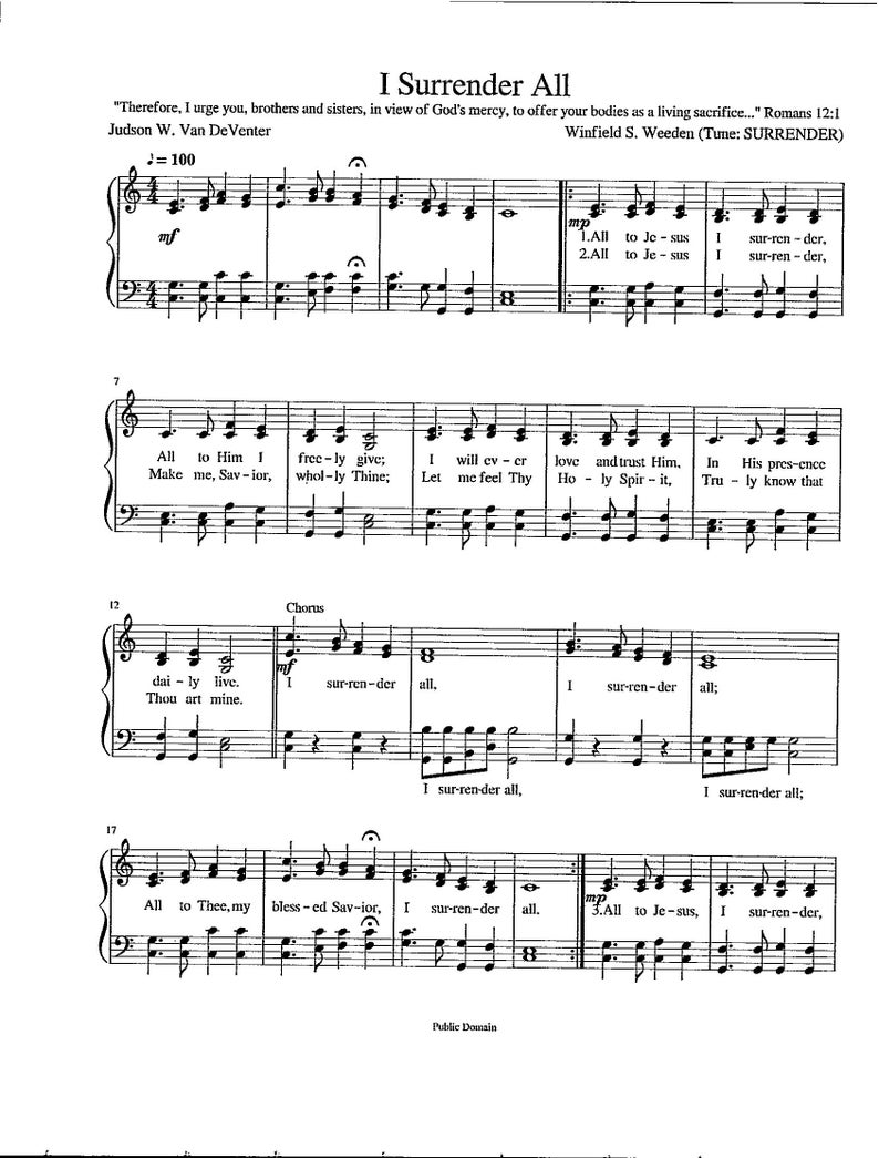 I Surrender All - Digital Hymn Tune for Piano With Lyrics - Key of C - Etsy