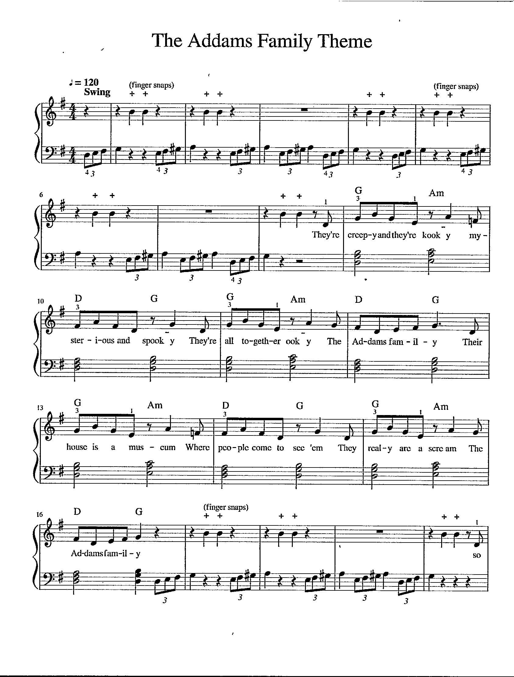 The Addams Family Theme - Digital Piano Sheet Music With Lyrics - Key ...