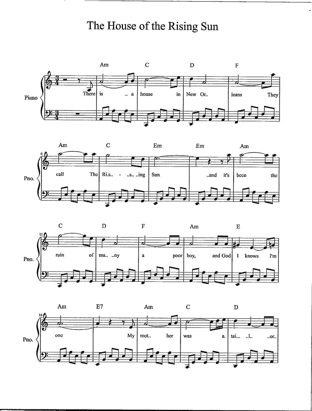 The House of the Rising Sun - Digital Piano & Vocal Arrangement - Key ...