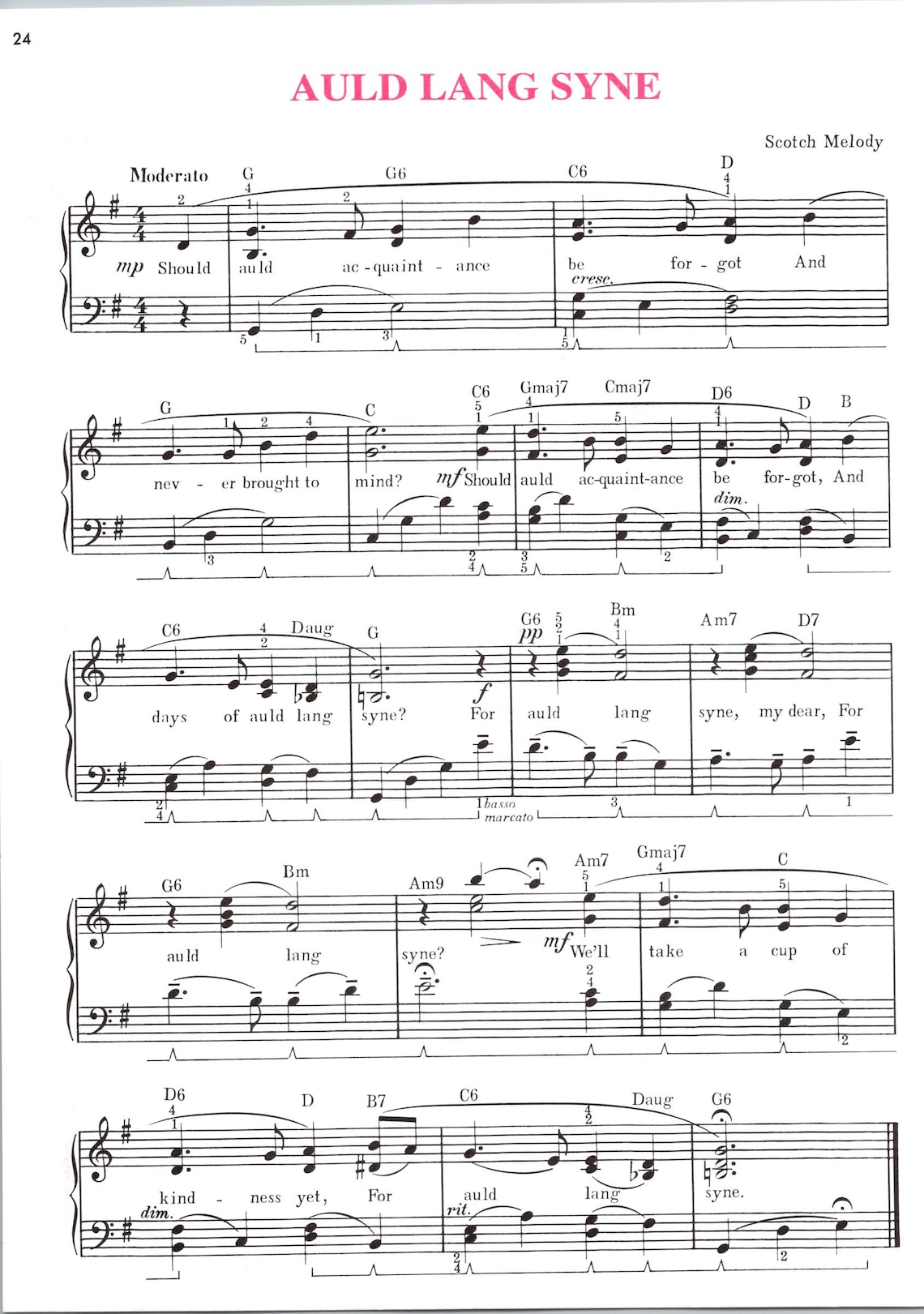 Auld Lang Syne Digital Sheet Music Scotch Melody Key of G Late Beginner Early Intermediate Level ...