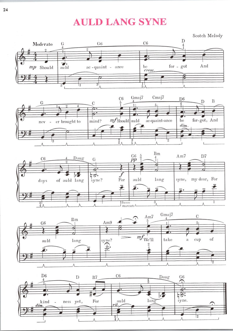 Auld Lang Syne Printable Sheet Music Scotch Melody Key of G Late ...