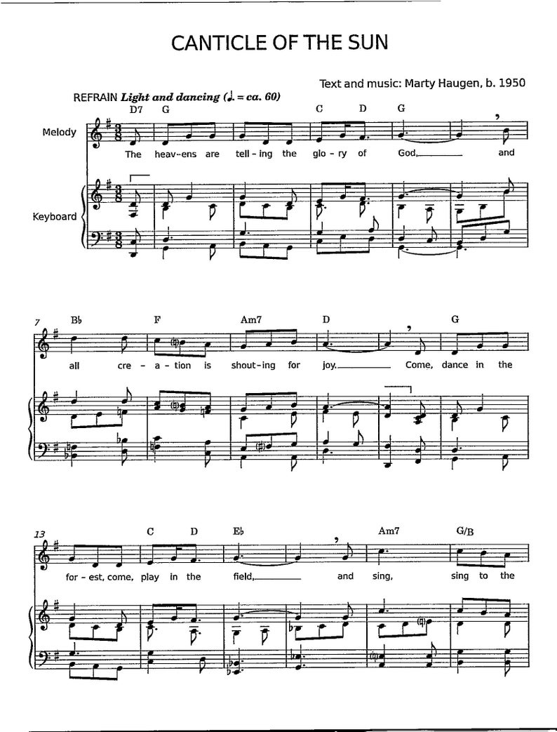 Canticle of the Sun - Digital Download Hymn Tune for Piano and Voice - Key of G - Etsy