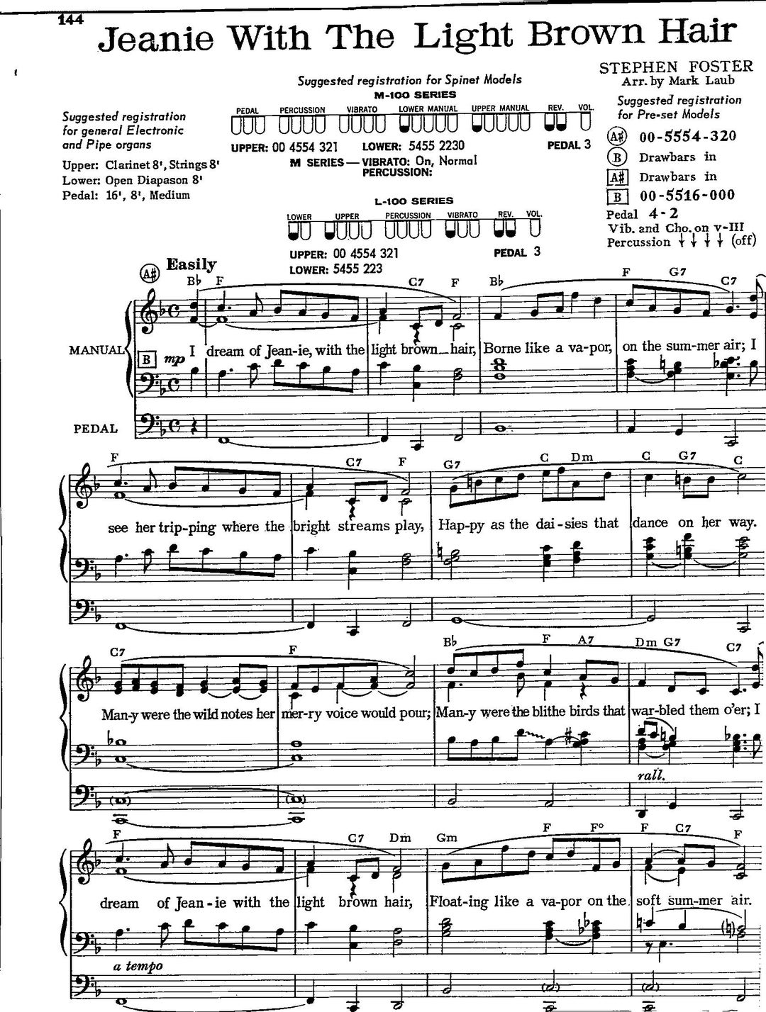 Jeanie With the Light Brown Hair - Digital Organ Sheet Music Key of F ...