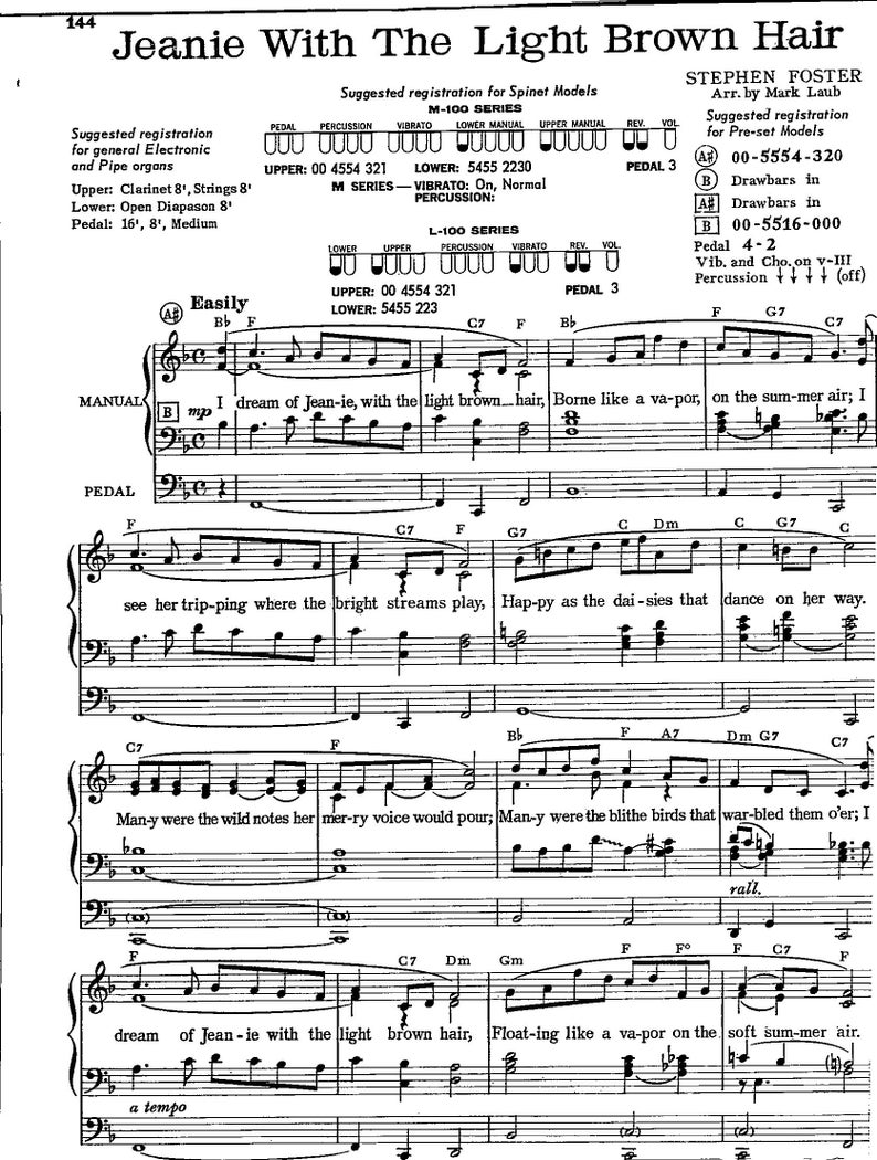 Jeanie With the Light Brown Hair - Digital Organ Sheet Music Key of F ...