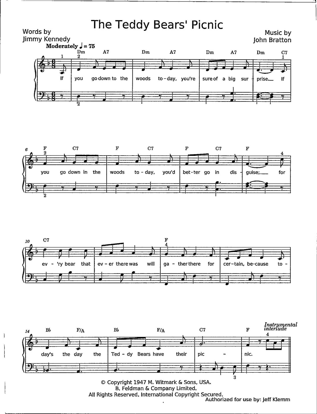 The Teddy Bears Picnic - Easy Digital Sheet Music - Key of F - Etsy