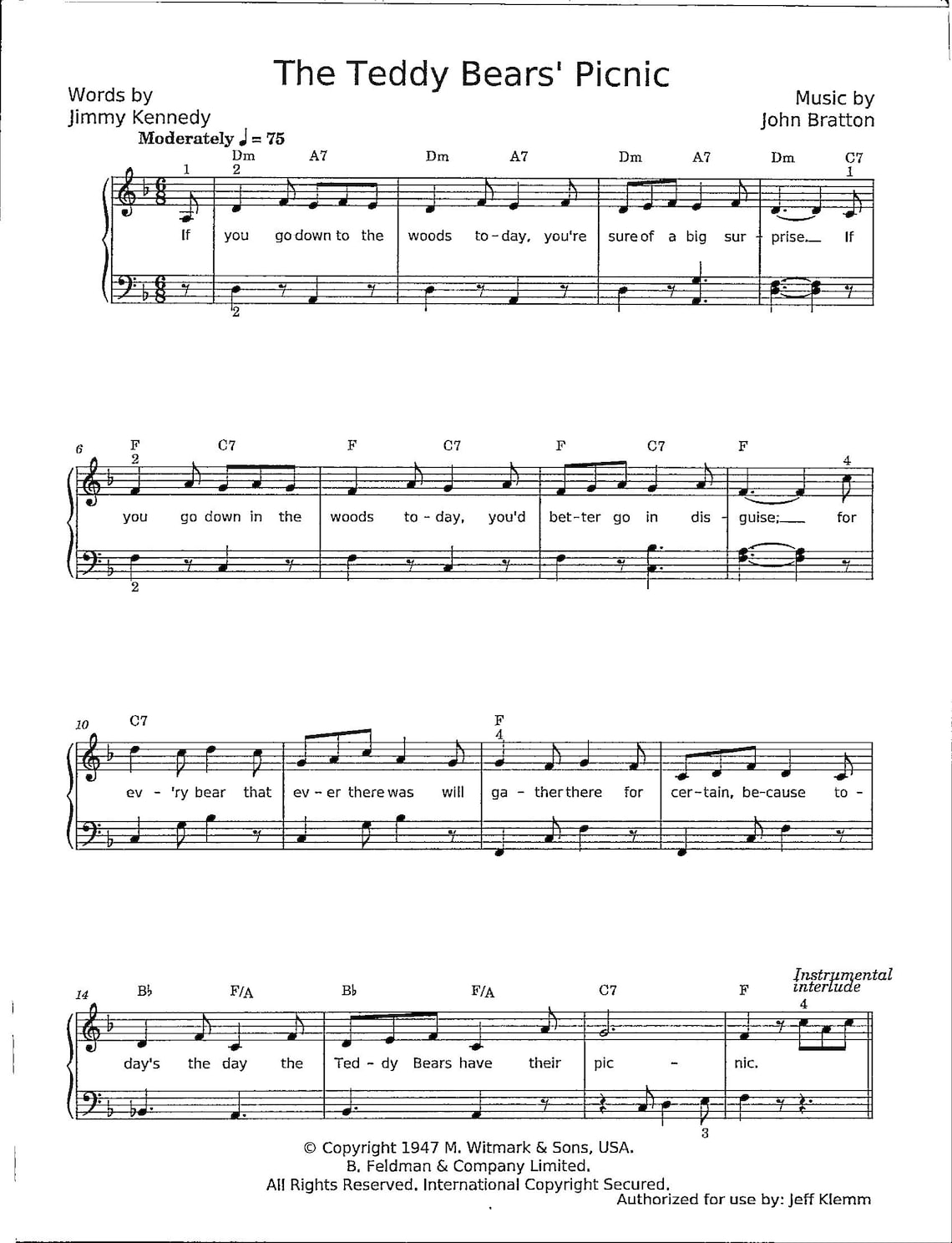 The Teddy Bears Picnic - Easy Digital Sheet Music - Key of F - Etsy