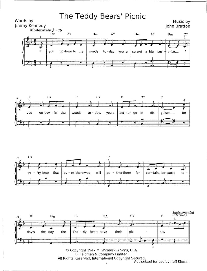 The Teddy Bears Picnic - Easy Digital Sheet Music - Key of F - Etsy
