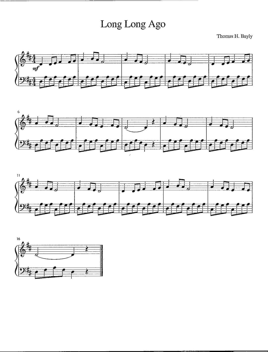 Long Long Ago Piano Solo Teaching Arrangement - Digital Sheet Music Key ...