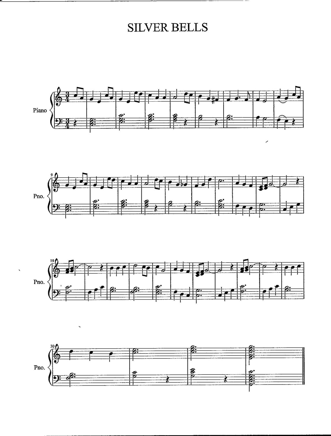 Silver Bells - Digital Easy Christmas Piano Solo Sheet Music - Key of C ...