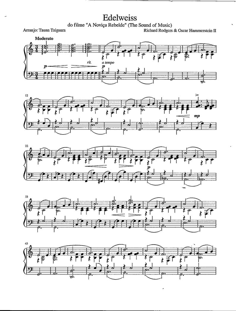 Edelweiss - Digital Download Piano Solo - Intermediate Level - Key of C ...