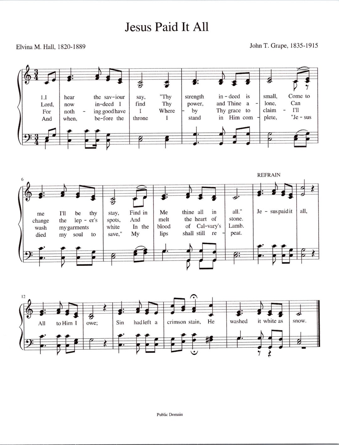 Jesus Paid It All Sheet Music - Digital Printable Hymn Tune - Key of C ...
