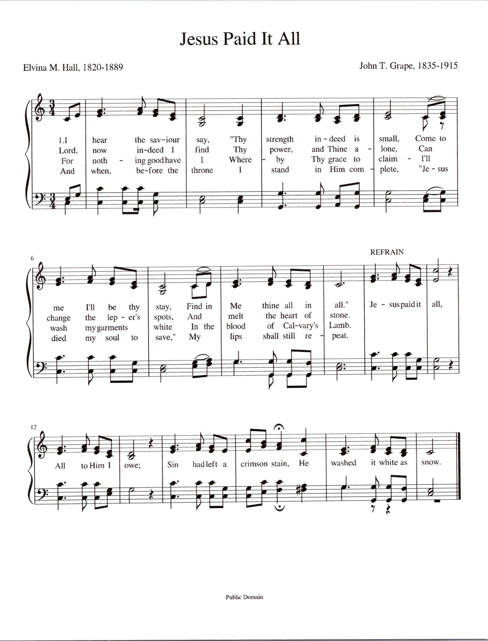 Jesus Paid It All Sheet Music - Digital Printable Hymn Tune - Key of C ...