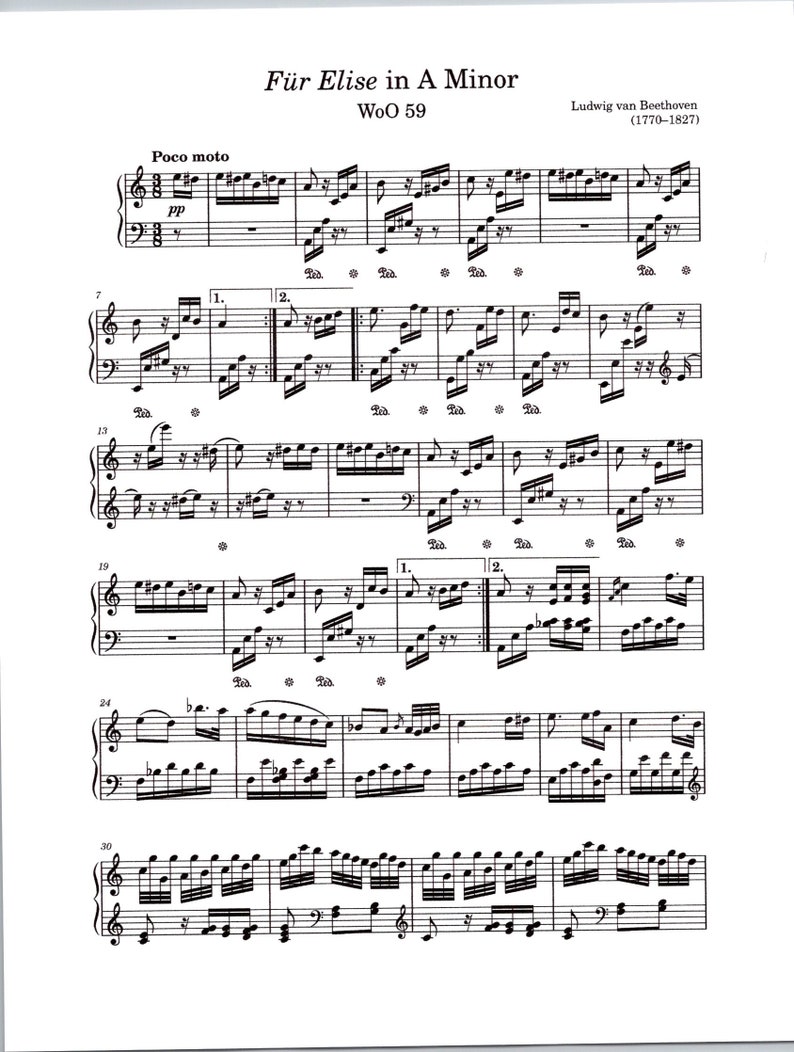 Fur Elise in A Minor by Beethoven Piano Solo - Digital Sheet Music ...