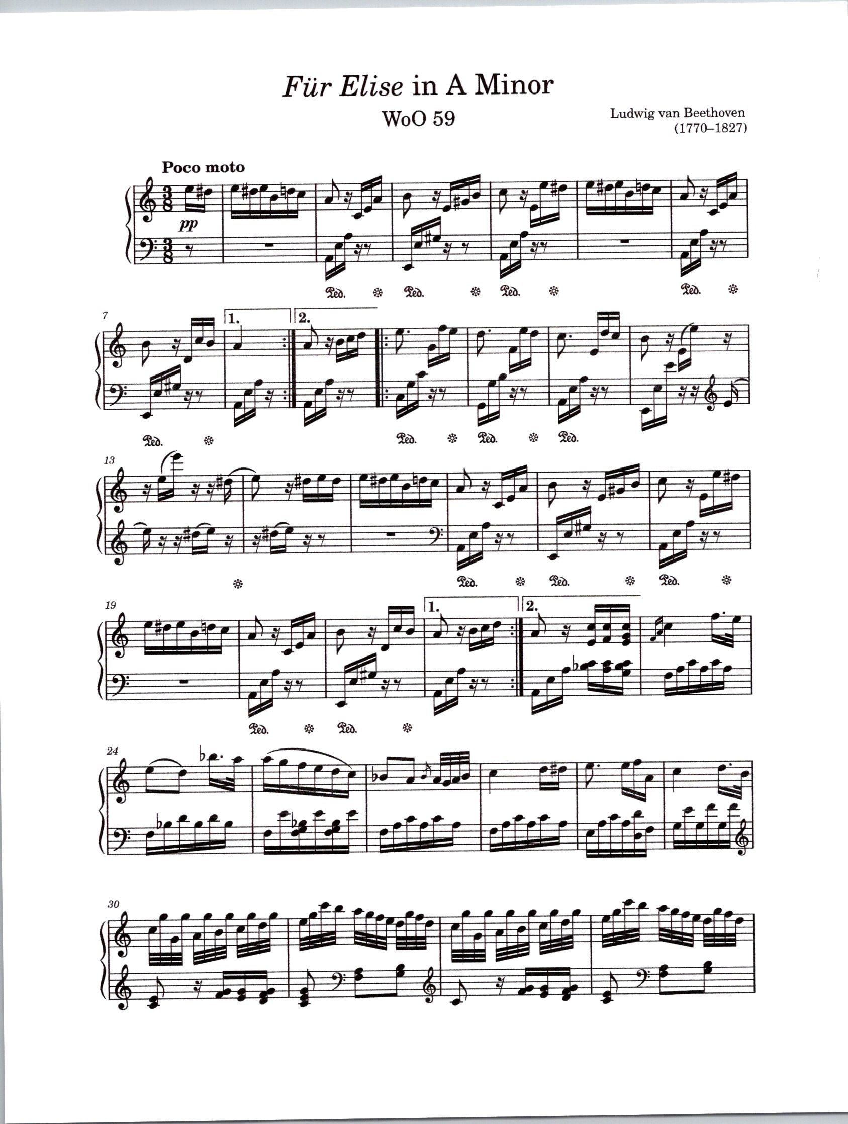 Fur Elise in A Minor by Beethoven Piano Solo - Digital Sheet Music ...
