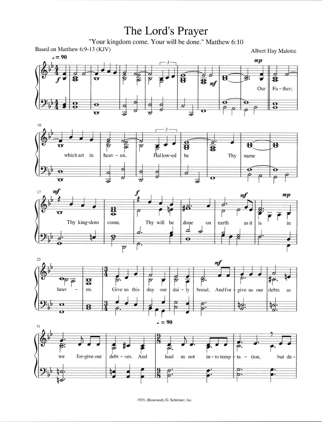 The Lord's Prayer - Digital Easy Piano and Vocal Arrangement - Key of B ...