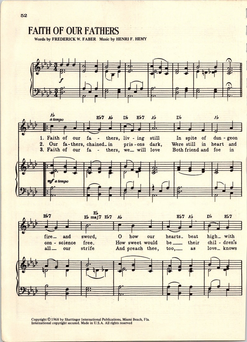 Faith of Our Fathers Sheet Music - Hymn Tune - Key of A Flat - Etsy ...