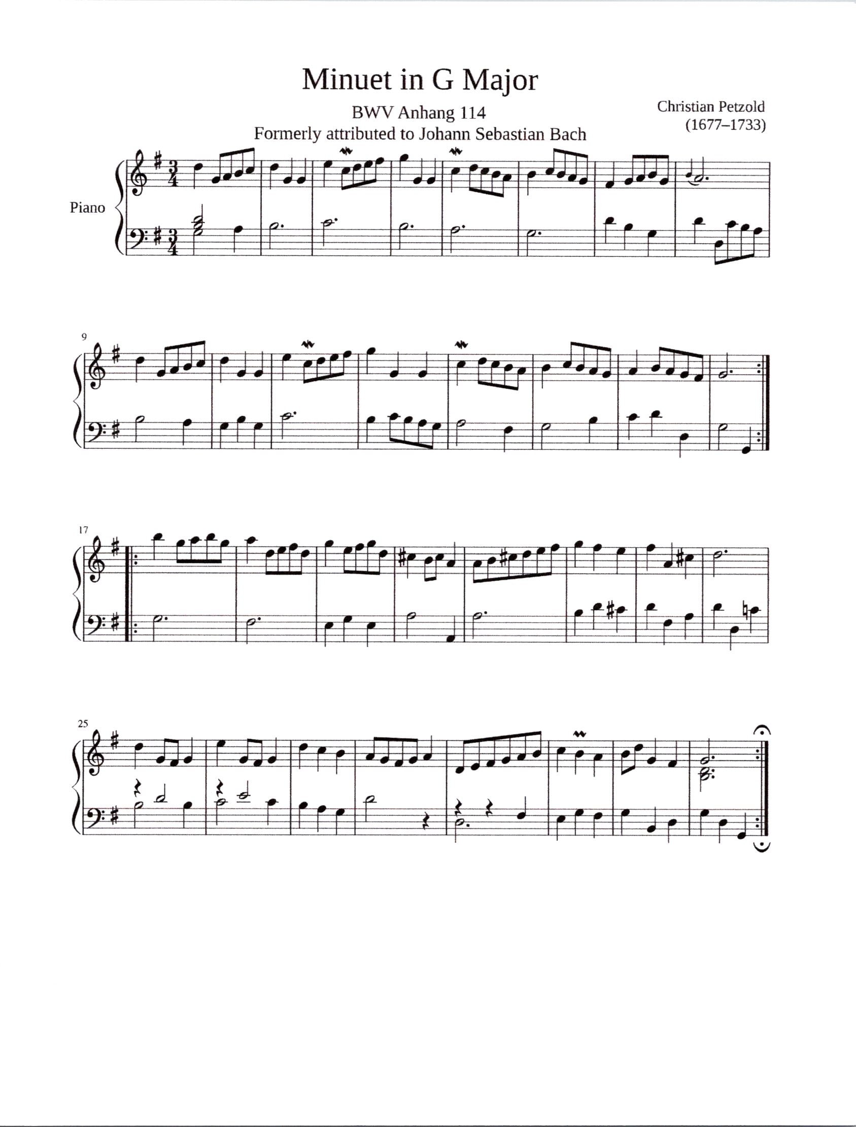 Minuet in G Major Piano Solo by Sebastian Bach/christian Petzold ...